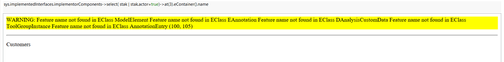 Why do I get a warning with my query ending with ".eContainer().name"? - Document Generation ...